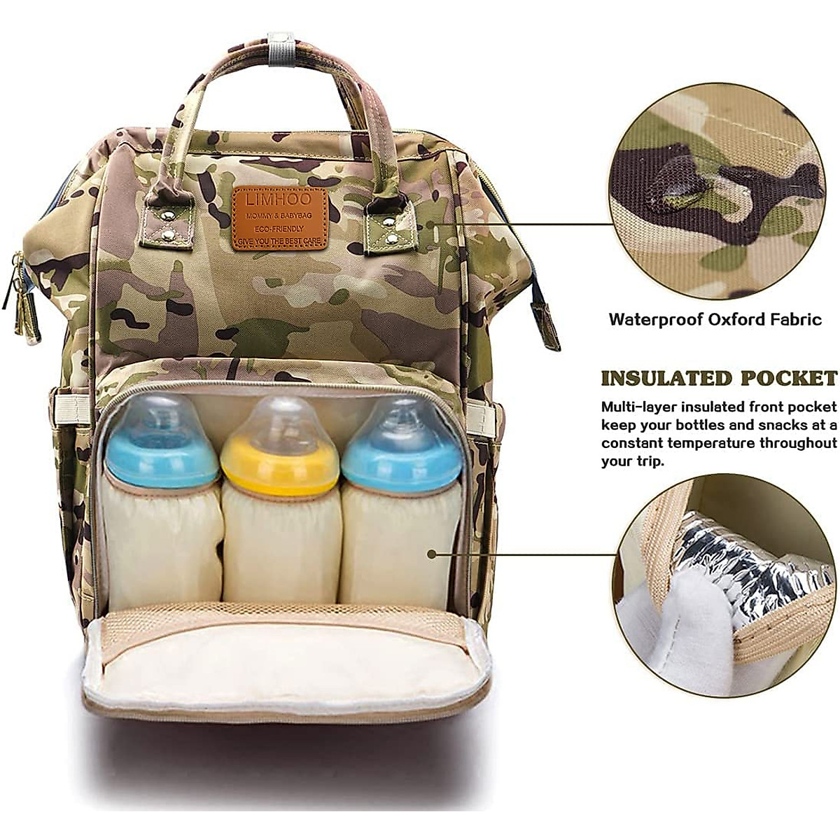 Limhoo Diaper Bag Backpack for Men Dad, Waterproof Large Canvas Camo Nappy Bags, Baby Care Bag (Camo)