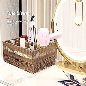 sitanes Hair Tool Organizer, Farmhouse Hair Dryer & Styling Supplies Holder Countertop with Jewelry Storage Drawer, Wooden Blow Dryer Holder with 2 Heatproof Cups, Curling & Flat Iron Holder