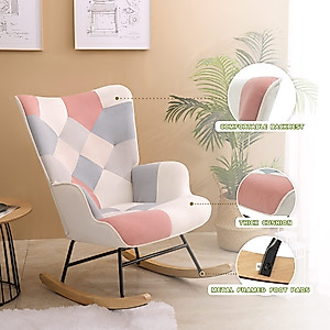 KGOPK Accent Rocking Chair, Mid Century Fabric Rocker Recliner Chairs with Wood Legs and Patchwork Linen for Livingroom Bedroom, Pink