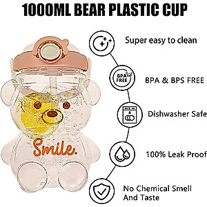JRIQH Kawaii Bear Straw Bottle,Leak-Proof Water Bottle with Adjustable & Removable Shoulder Strap for Boy and Girls (pink)