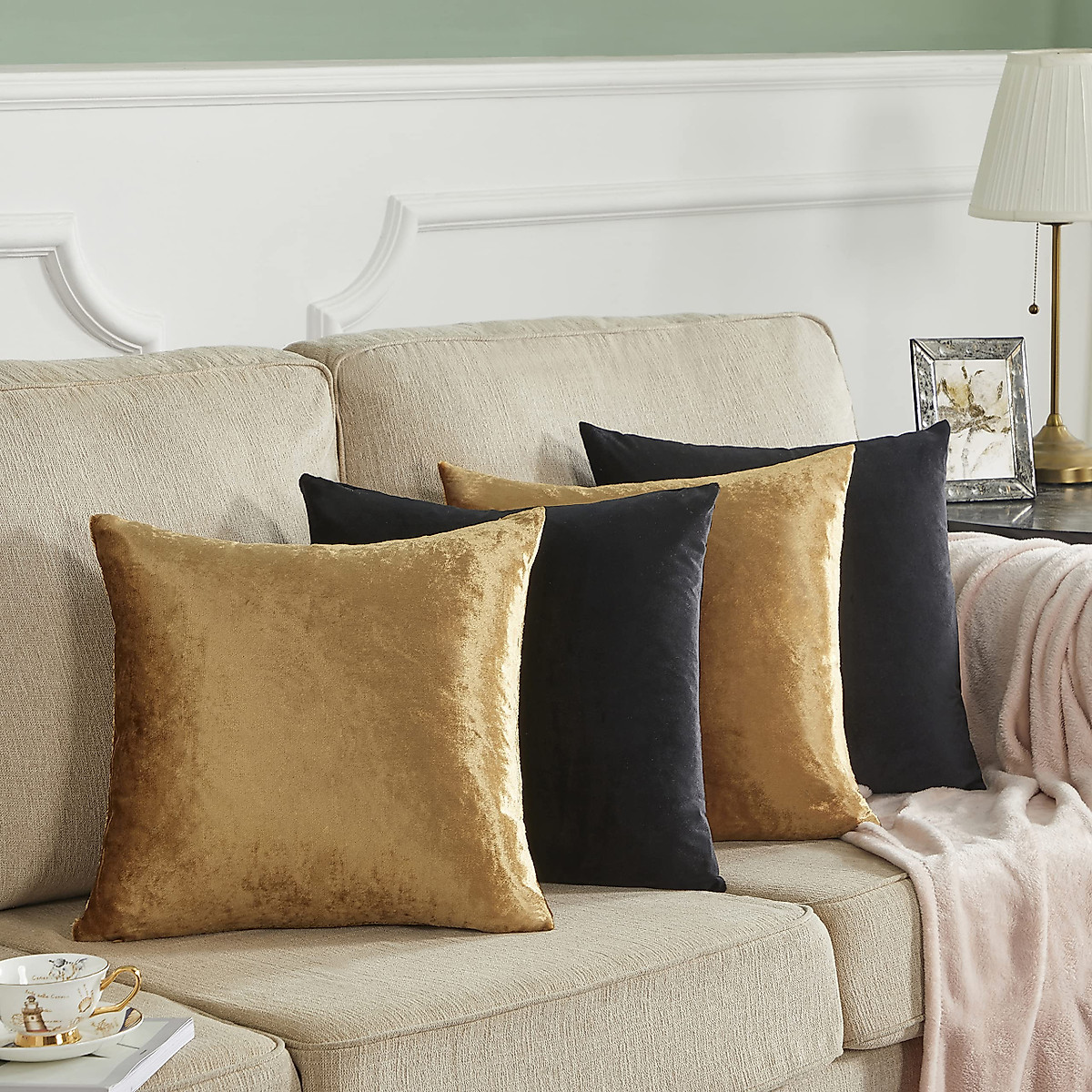 GIGIZAZA Decorative Throw Pillow Covers 18 x 18,Gold Black Soft, Set of 4 Square Velvet Cushion Covers