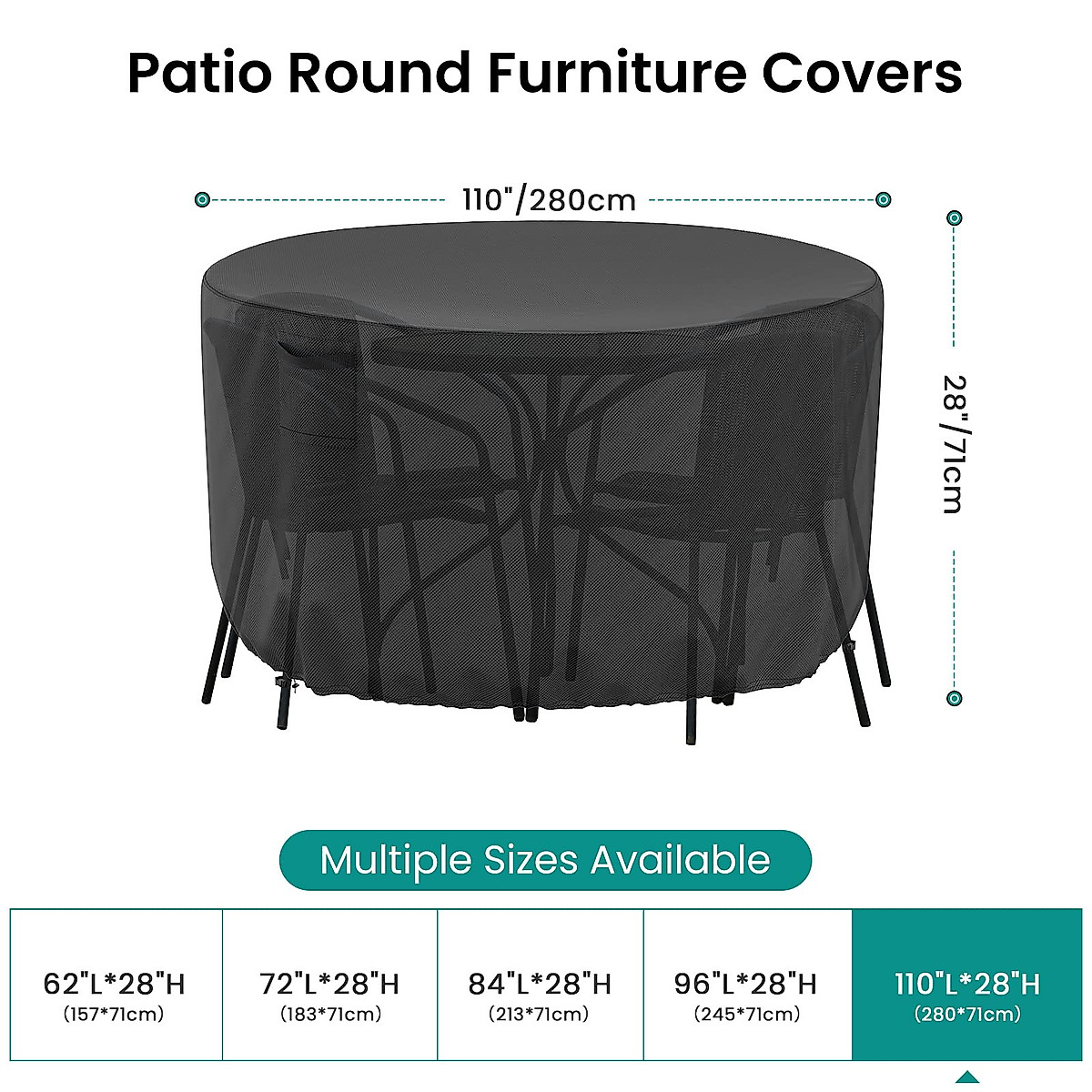 Brosyda Round Patio Furniture Cover, Waterproof Outdoor Table Covers, Windproof Heavy Duty Patio Furniture Cover for Outdoor Table Chair Furniture Set, Tear Resistant, 72"DIA x 28"H, Black