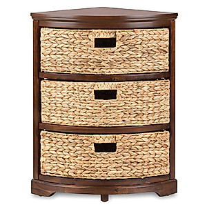 Hampton Meadows 3 Tier X-Side Corner Table Storage Cabinet with 3 Wicker Baskets, Walnut