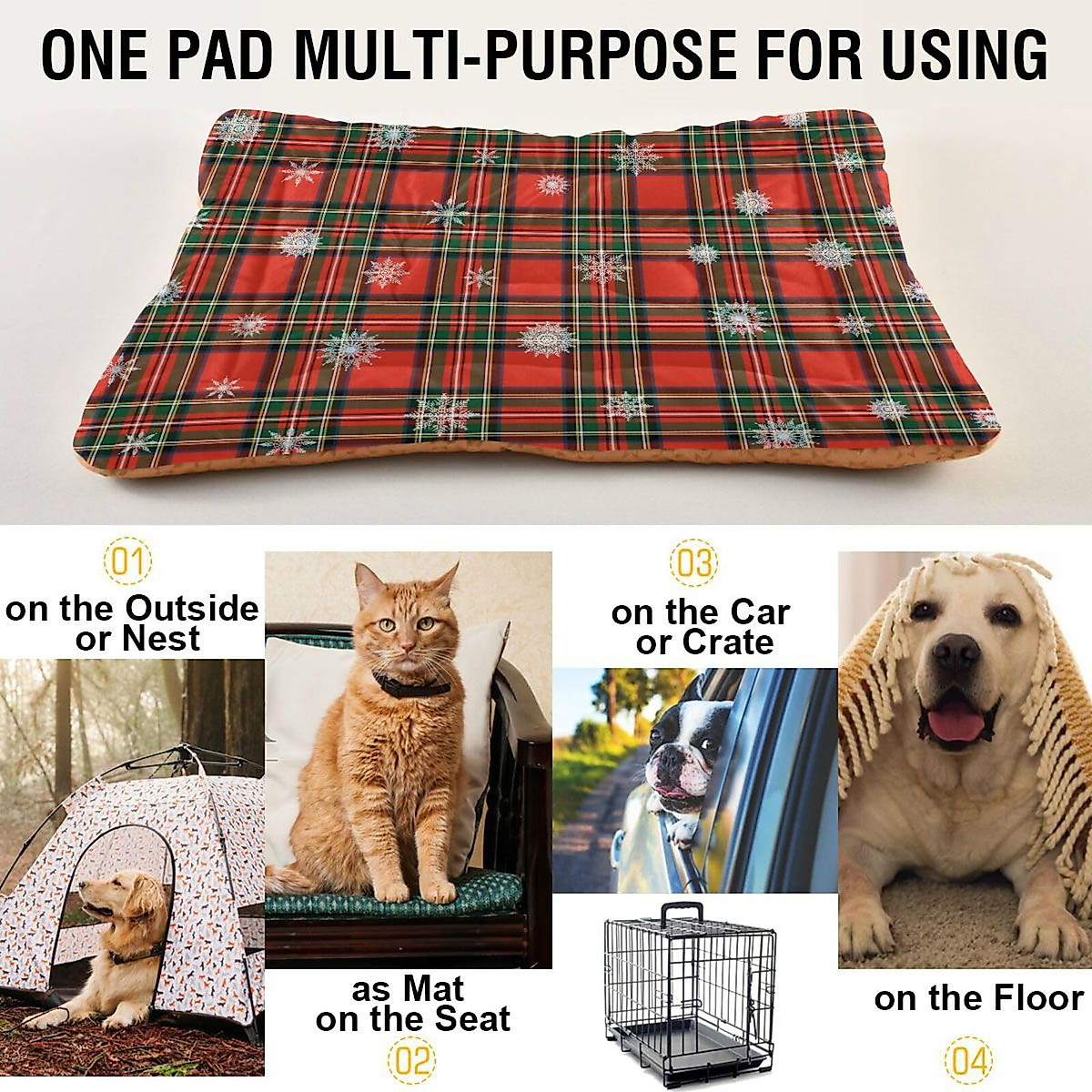 YETTASBIN Christmas Snowflake Plaid Crate Pet Bed, Portable Washable Dog Cat Mat, Soft Comfortable Pet Mattress with Non-Slip Bottom for Dogs Cats Sleeping, 24 x 18 Inch