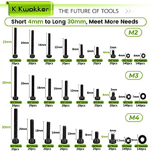 K Kwokker 1710Pcs Metric Bolt Assortment M2 M3 M4, 21 Sizes 4MM to 30MM Upgraded Zinc Plated Hex Socket Head Cap Machine Screws, 12.9 Alloy Steel Bolts and Nuts Kit Screws Nuts and Washers