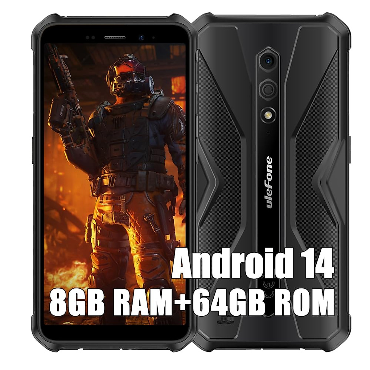Ulefone Armor X12 Pro Rugged Smartphone Unlocked, MTK Helio G36 8GB+64GB Android 14 Cell Phone, 13MP+8MP, 5.45" HD+, 4860mAh, Dual SIM 4G Rugged Phone, NFC GPS OTG FM,T-Mobile,Black