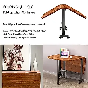 Rukulin Drop Leaf Dining Table – Solid Wooden Foldable Kitchen Table with 6 Wheels for Dining Room (Brown)