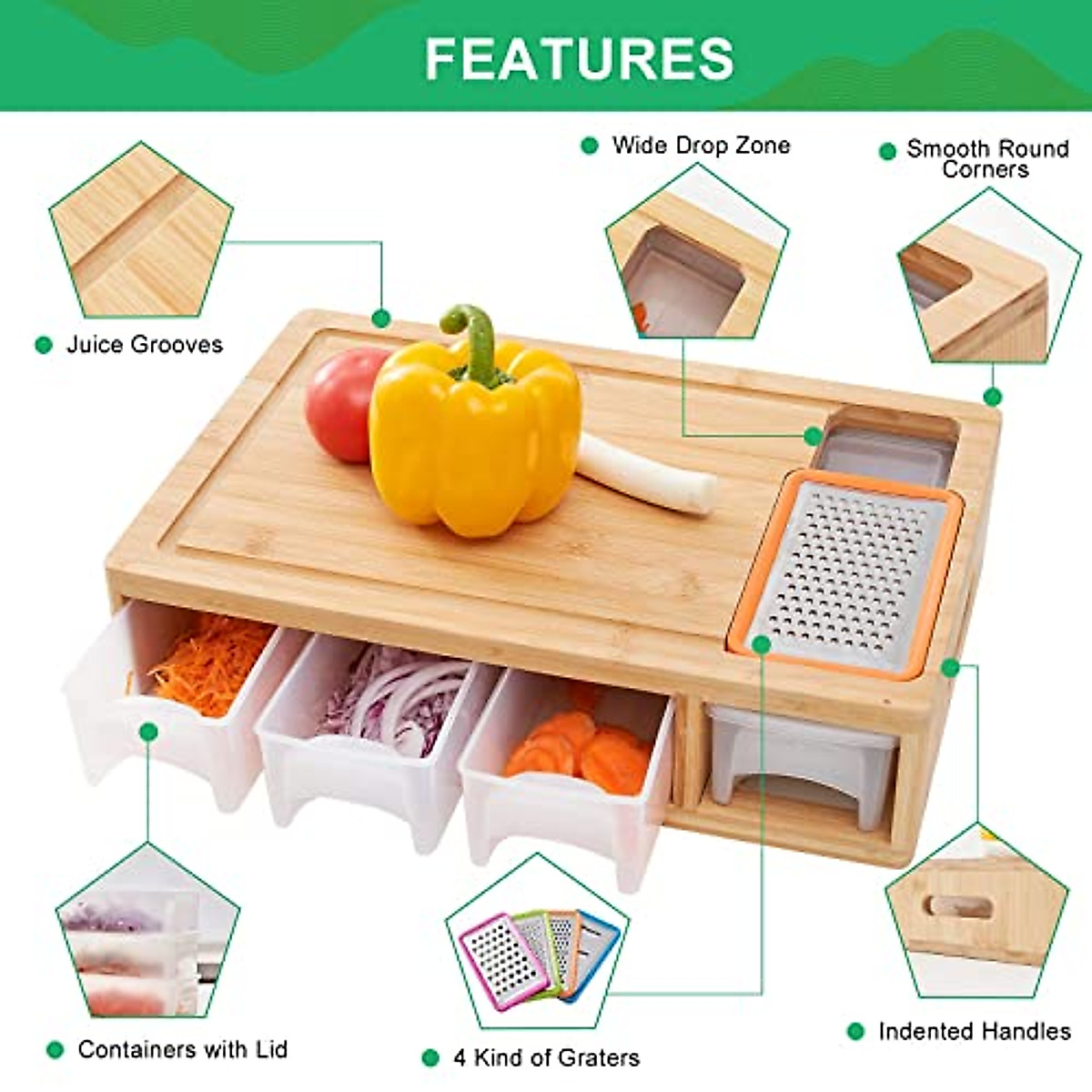 WORTHYEAH Smart Cutting Board - Bamboo Cutting Board with Containers, Wood Cutting Boards with 4 Trays/Storage with Lids & 4 Graters, Food Prep Deck Large Tank Chopping Cutting Boards for Kitchen