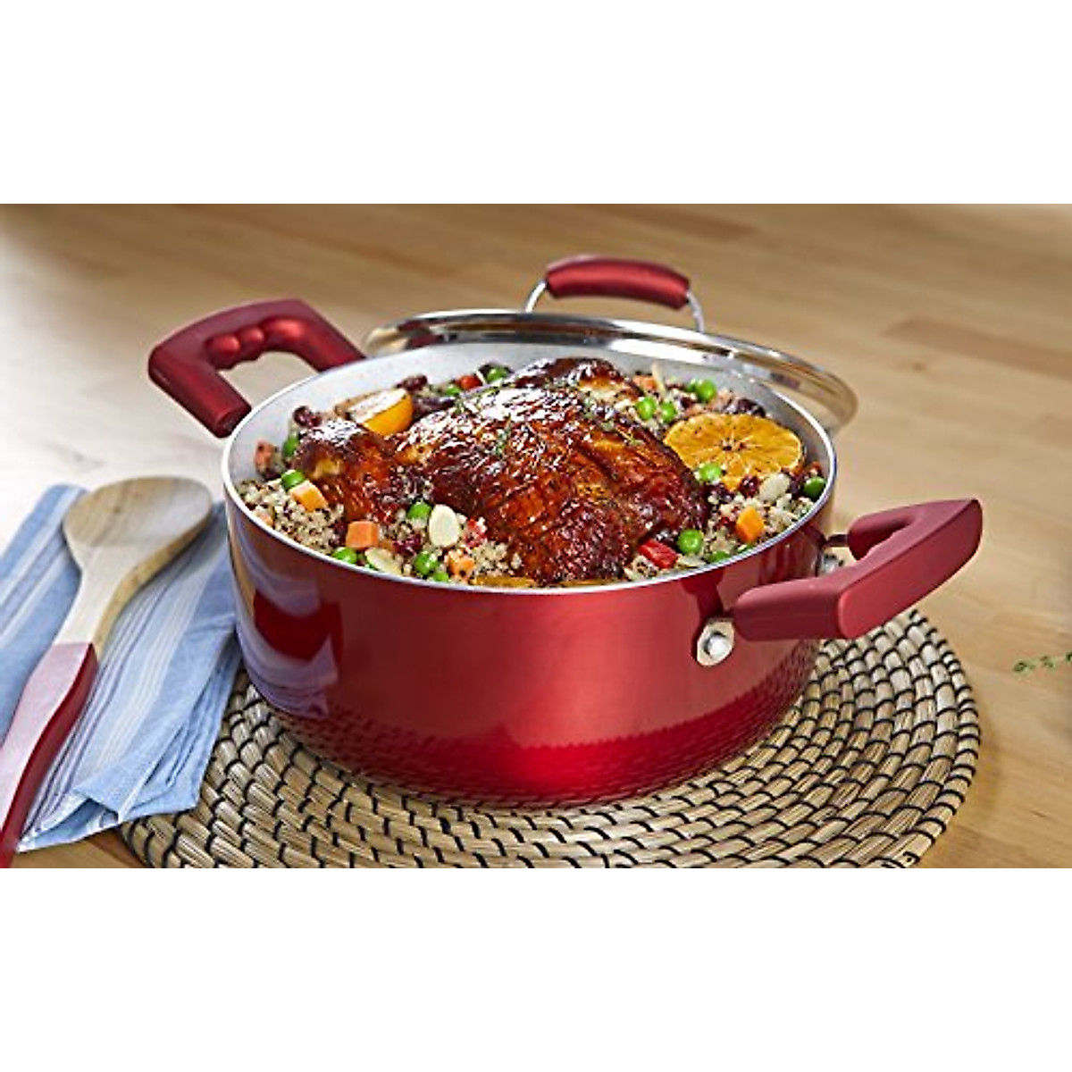 IMUSA USA 4.9Qt Ruby Red Nonstick Dutch Oven with Glass Lid and Soft Touch Handles, 5 Quarts
