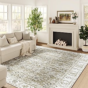 jinchan Vintage Floral 9x12 Area Rugs for Living Room - Machine Washable Distressed Design Stain Resistant Carpet Low Pile Non-Slip Large Rug for Bedroom Dining Room Home Office (9‘x12',Taupe)