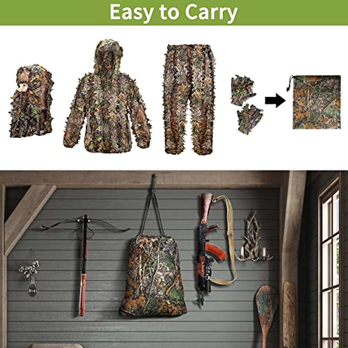 ELJGKKL Ghillie Suit, Adult 3D Leafy Suit for Hunting, Hunting Gear Including Hunting Clothes, Hunting Gloves, Leafy Face Mask and Bag, Lightweight Leafy Camo Suit for Jungle Hunting and Halloween, M