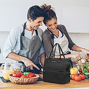 UTOTEBAG Double Deck Lunch Bag Leak Proof Insulated Lunch Box Large Cooler Tote Bag Thermal Meal Prep Organizer with Removable Strap for Men Women, Black