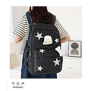 JHTPSLR Preppy Backpack with Plushies Y2K Aesthetic Backpack Sparkling Silver Stars Backpack Book Bags Cute Aesthetic Backpack (Black)