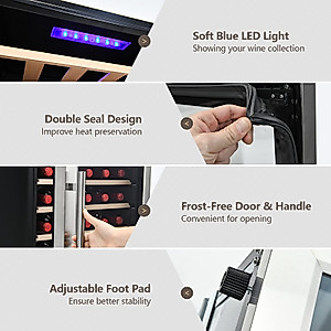 COSTWAY 20-Inch Wine Cooler Refrigerator, 43 Bottles Dual Zone Wine Cellar with 8 Wooden Shelves, Tempered Glass Door, Built-in or Freestanding Mini Wine Fridge for Home Office Bar