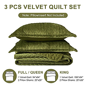 Ivellow Velvet Quilt Queen Size Green Lightweight Velvet Comforter Set Oversized Bedspread Coverlet Full for All Season 3Pcs Luxury Quilted Bedding