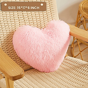 MEGO Fluffy Heart Pillow, Faux Fur Decorative Throw Pillow, Plush Shaggy Heart Shaped Pillow w Insert&Cover, Cute Furry Throw Pillows for Couch Bed Sofa Kid Girls Women Valentine's Day Gift Pink