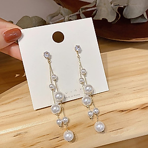 Aradio long pearl earrings Gold Long Tassel Pearl Earrings for Women 925 Sterling Silver needle Simulated Shell Pearl Earrings White Pearl Dangle Earrings Hypoallergenic Drop Pearl Earrings Dangle.