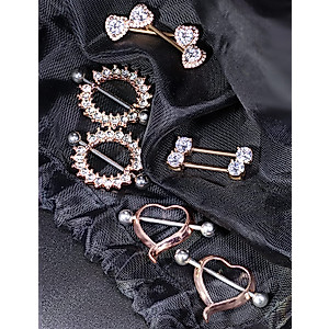 Ronbemo 4 Pairs Surgical Steel Nipple Rings Heart Nipple Barbell Crystal CZ Ball Nipple Hoop Piercing Jewelry for Women Rose Gold
