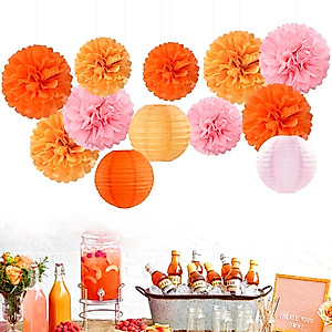 Pink-Orange Groovy Party-Decorations Paper-Flowers Lanterns - 15PCS Baby Shower Tissue Pom Poms Streamers, Fall Wedding Boho Birthday Bridal Bachelorette Sunset Hanging Supplies Decor Hugfond
