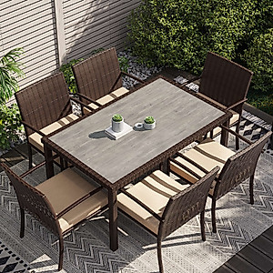 BELLEZE Rattan Patio Set 7 Piece, Slatted Wicker Dining Table and Chairs, Outdoor Furniture with Umbrella Cutout, Removable Cushions for Porch - Mariel (Brown)
