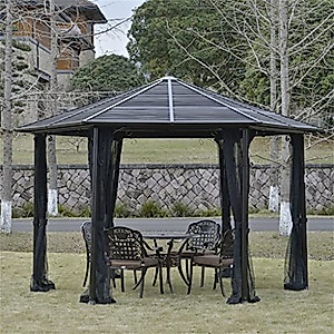 Walnut 13' X 13' Hardtop Hexagonal Gazebo Canopy with Steel Roof, Heavy-Duty Aluminum Alloy Frame Ventilating Mesh Sidewalls