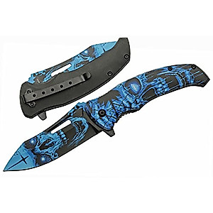 SZCO Supplies 8.5” Haunted Skull Liner Lock EDC Folding Knife With Pocket Clip, Blue (300577-BL)
