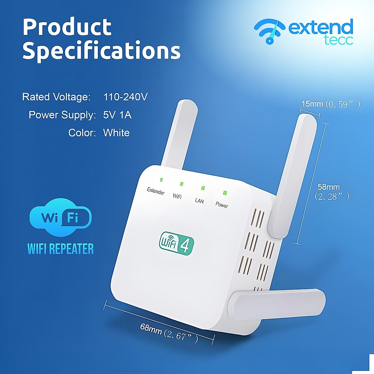 Extendtecc WiFi Booster Wireless WiFi Extender Signal Booster 300Mbps, WiFi Repeater Wireless Signal Booster 2.4 GHz Dual Band 4 Antennas 360° Full Coverage Internet Extender