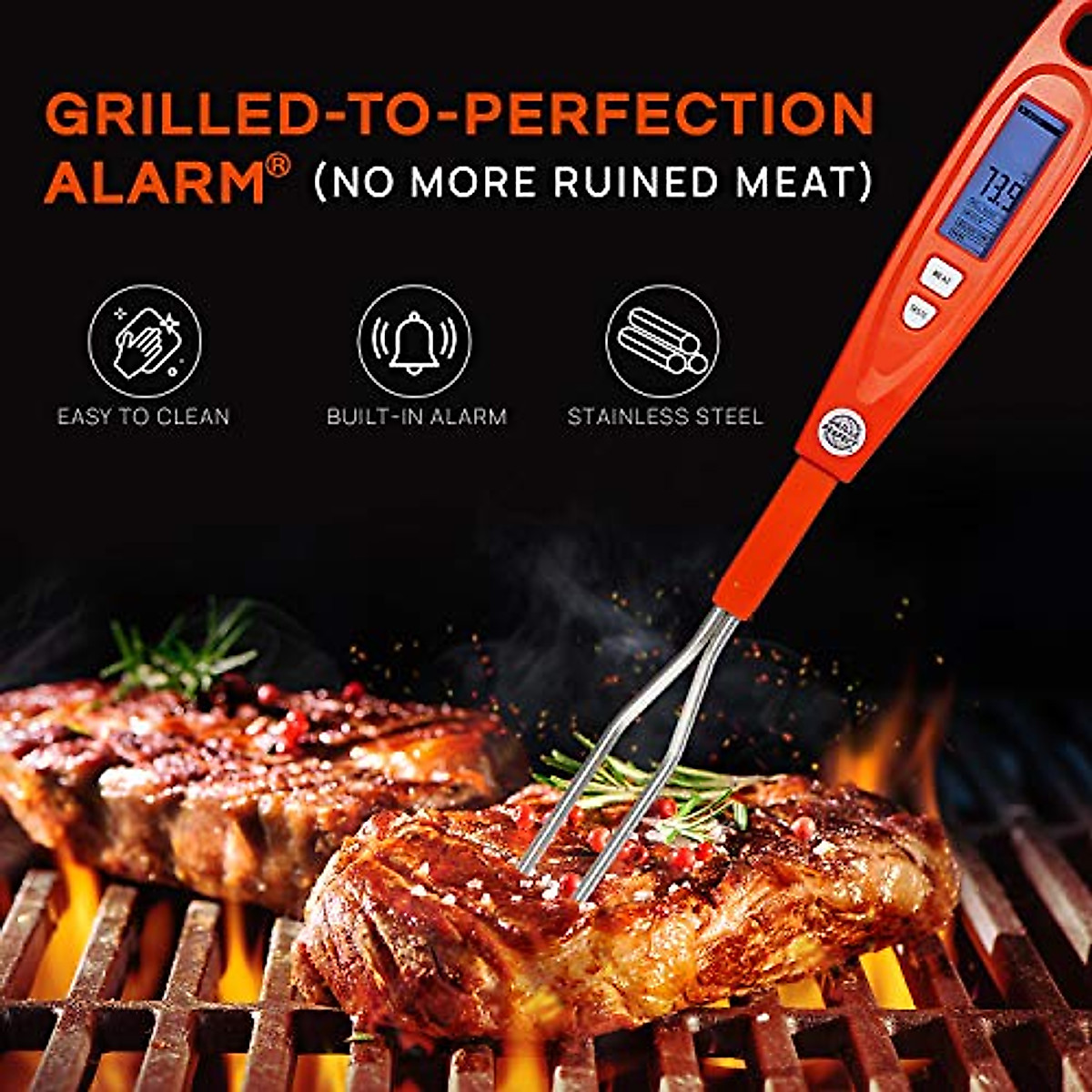 Digital Meat Thermometer Fork for Grilling & BBQ with Ready Alarm, Pro Temp Points for Quick Accurate Temperature on Steak, Pork, Chicken & Hot Grilled Food on Patio or Outside Kitchen