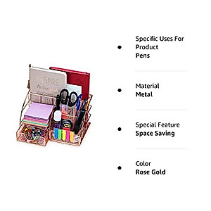 Rose Gold Desk Organizer for Women Cute Home Office Accessories & Supplies Decor, Girly Desktop Stationary Essentials Organization Set, Mesh Caddy Storage 5 Compartments +1 Mini Sliding Drawer