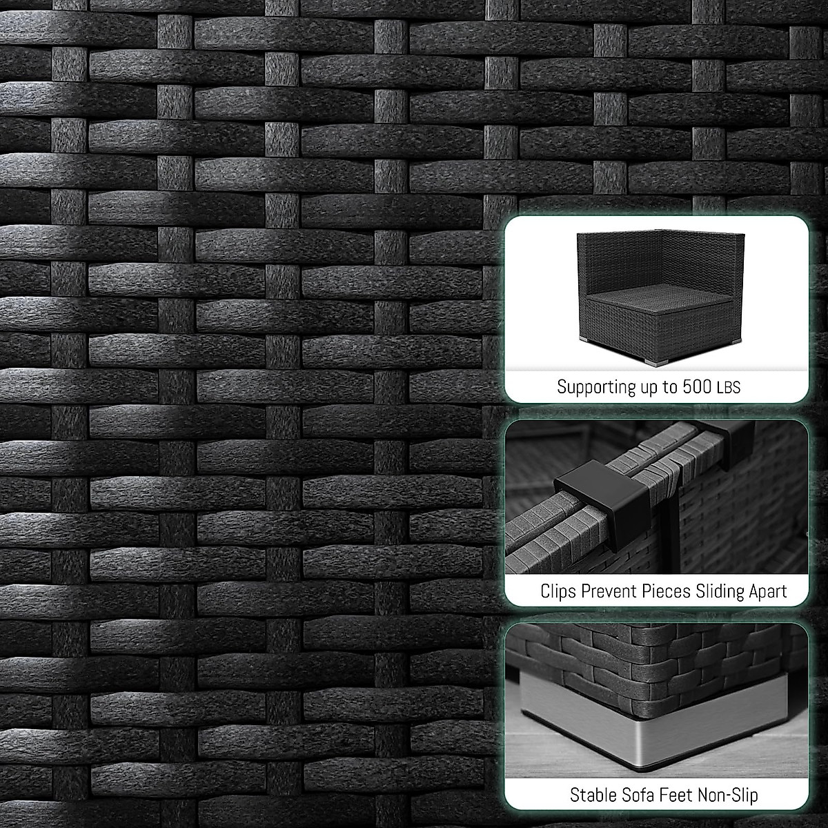 RADIATA PE Wicker Patio Furniture Set Sectional High Back Large Size Sofa Sets with Propane Fire Pit Table 55000 BTU Balcony Rattan Lounge Conversation Sets for Outdoor (7 Pieces,Light Gray)