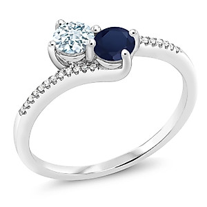 Gem Stone King 10K White Gold Forever United 2 Stone Sky Blue Aquamarine and Blue Sapphire and Diamond Engagement Ring For Women (0.75 Cttw, Round, Avaiable in Size 5,6,7,8,9)