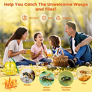 Solar Wasp Trap Outdoor Hanging, New Upgrade LED Blue Light Bee Traps Catcher, Wasp Insect Killer, Solar Panel Non-Toxic Reusable Hornet Yellow Jacket Trap for Garden, Yard (Yellow-2 Pack)