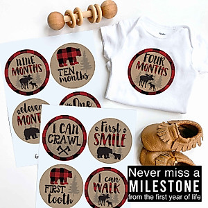 16 Monthly Baby Milestone Stickers Boy - Lumberjack Baby Monthly Milestone Stickers for Baby Boy, Milestone Baby Monthly Stickers, Baby Month Stickers for Baby Photo Props, Monthly Baby Stickers Boy