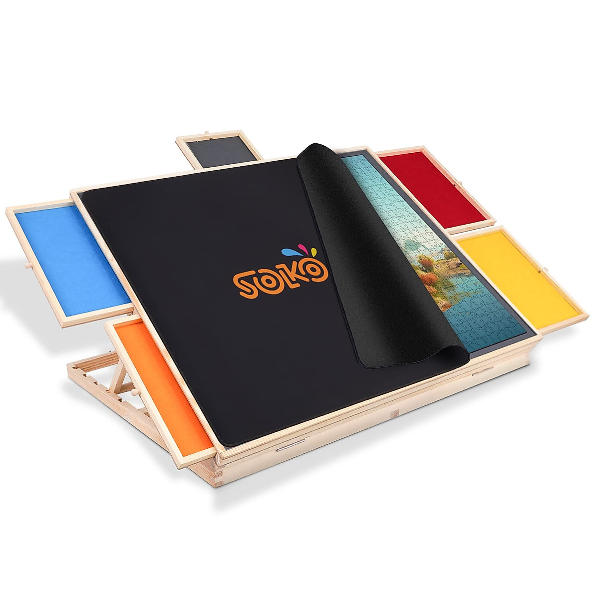 SOKO Wooden Jigsaw Puzzle Board - 1500 Piece Folding Puzzle Table with 5 Drawers & Covers 35" × 27" Portable Jigsaw Puzzle Table, 4-Tilting-Angle Adjustable Puzzle Board for Adults and Children