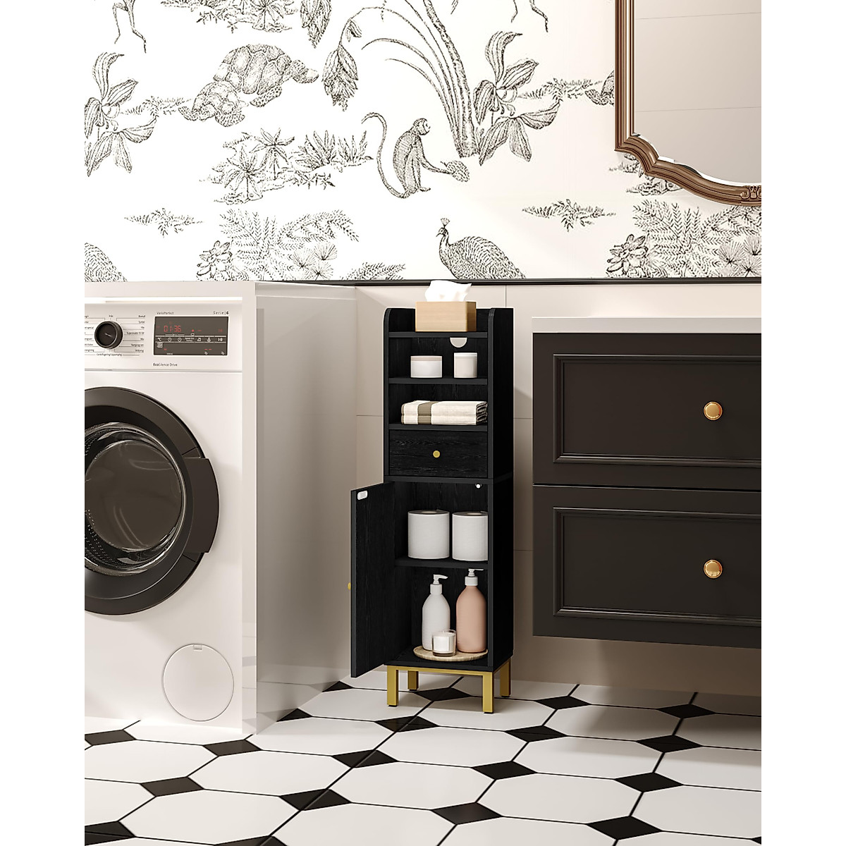 Hzuaneri Bathroom Storage Cabinet, Corner Floor Cabinet with Drawers and Doors, Narrow Toilet Paper Cabinet, Bathroom Organizer with Adjustable Shelf, for Small Spaces, Black BC29804G