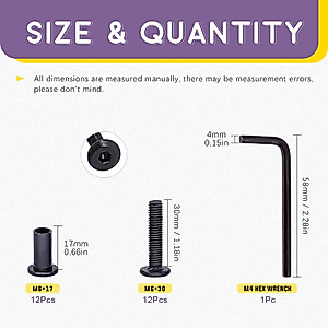 Swpeet 25Pcs M6x30mm Carbon Steel Black Hex Drive Socket Cap Bolts Barrel Nuts Assortment Kit with 1Pcs Allen Wrench, Screw Post Fit for Furniture Countsunk Belt Buckle Leather Binding Bolts