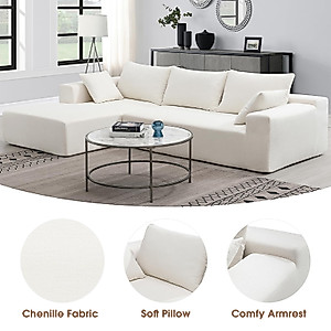 Suheww L Shaped Sectional Sofa Couch, Modern Chenille Cloud Comfy Floor Sofas with Chaise & Pillows for Living Room Office Apartment, No Assembly Required, 109”W, White