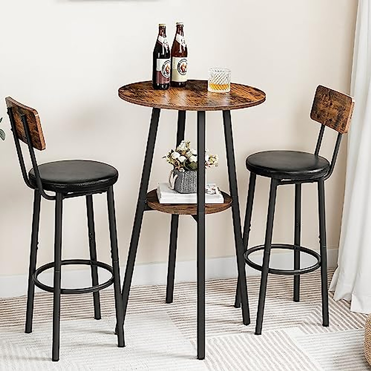 HOOBRO Bar Table, Round Pub Table, 2-Tier Bistro Table with Storage, High Top Table, Cocktail Table with Top Particleboard, for Kitchen, Living Room, Meeting Room, Rustic Brown and Black BF55BT01