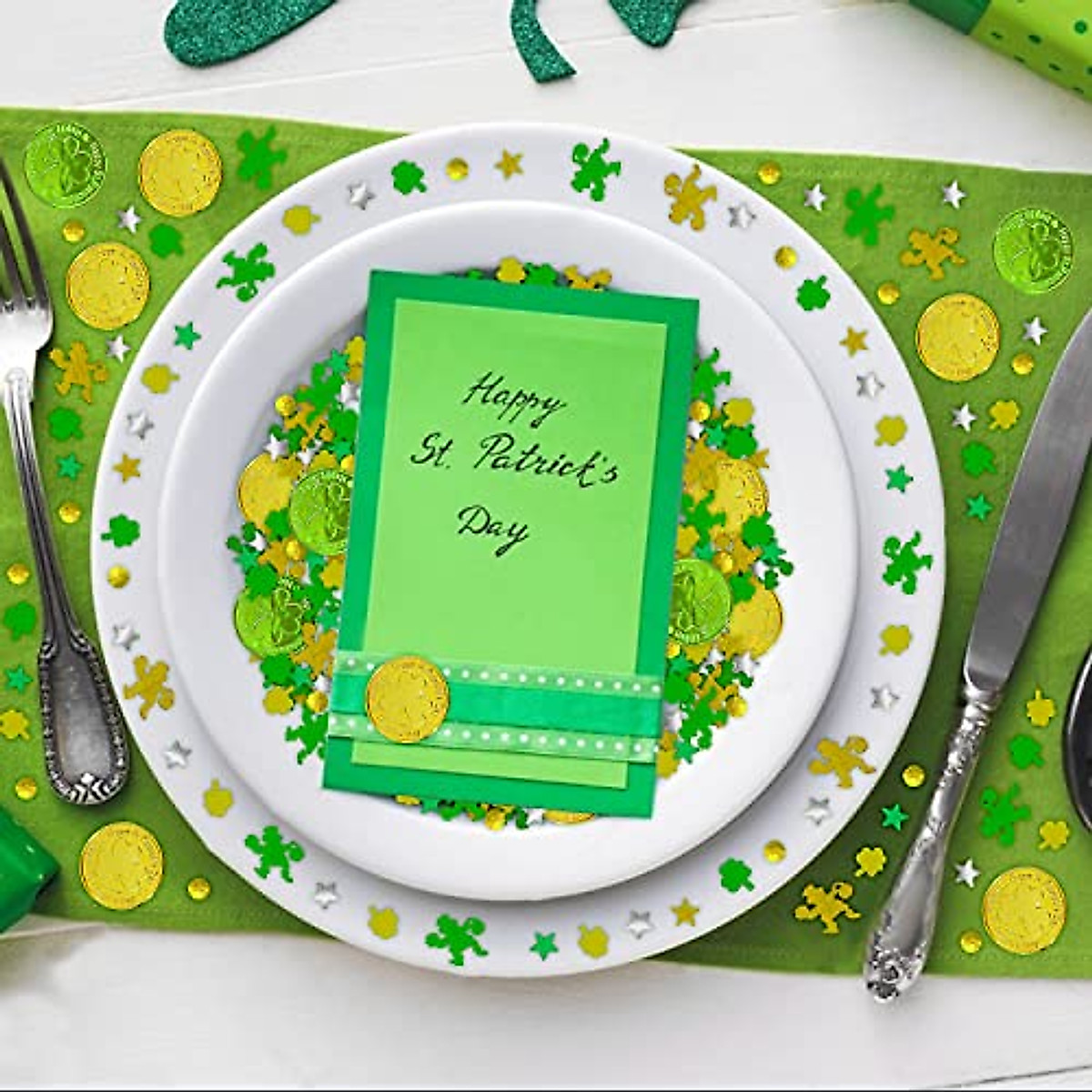 Cerlaza St. Patrick's Day Decorations Shamrocks Table Foil Confetti, 3 Pack Mix Styled Small Clover, Glitter Gold Dots, Hat Demon St Patricks Day Accessories with 30 pcs Shamrock Plastic Green and Gold Clover Lucky Coins