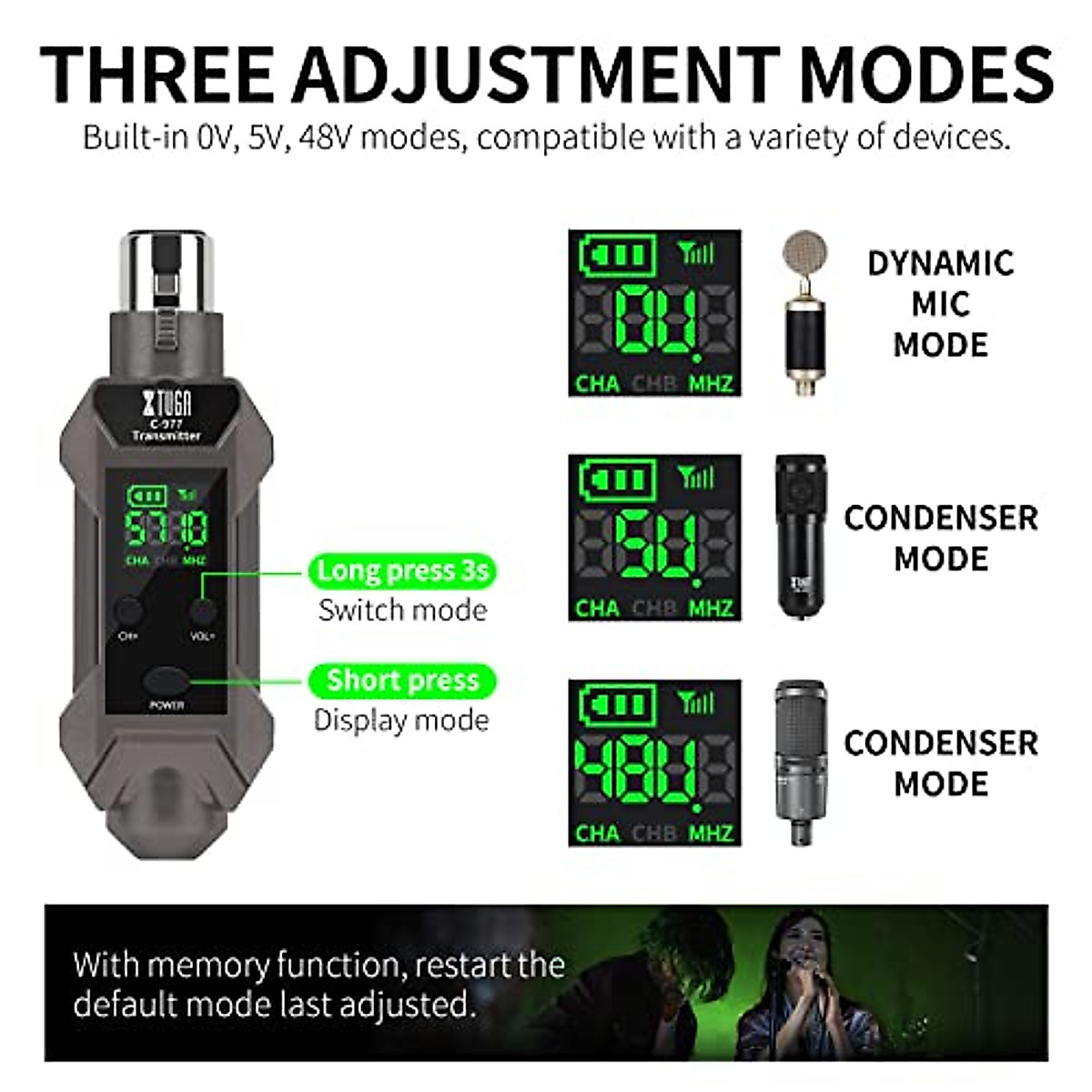 XTUGA C-977 UHF Wireless XLR Transmitter and Receiver& Wireless Guitar Transmitter Receiver,Rechargeable Mic Adapter 16 Channels 164ft Range for Dynamic Microphone,Audio Mixer,Electric Guitar Bass