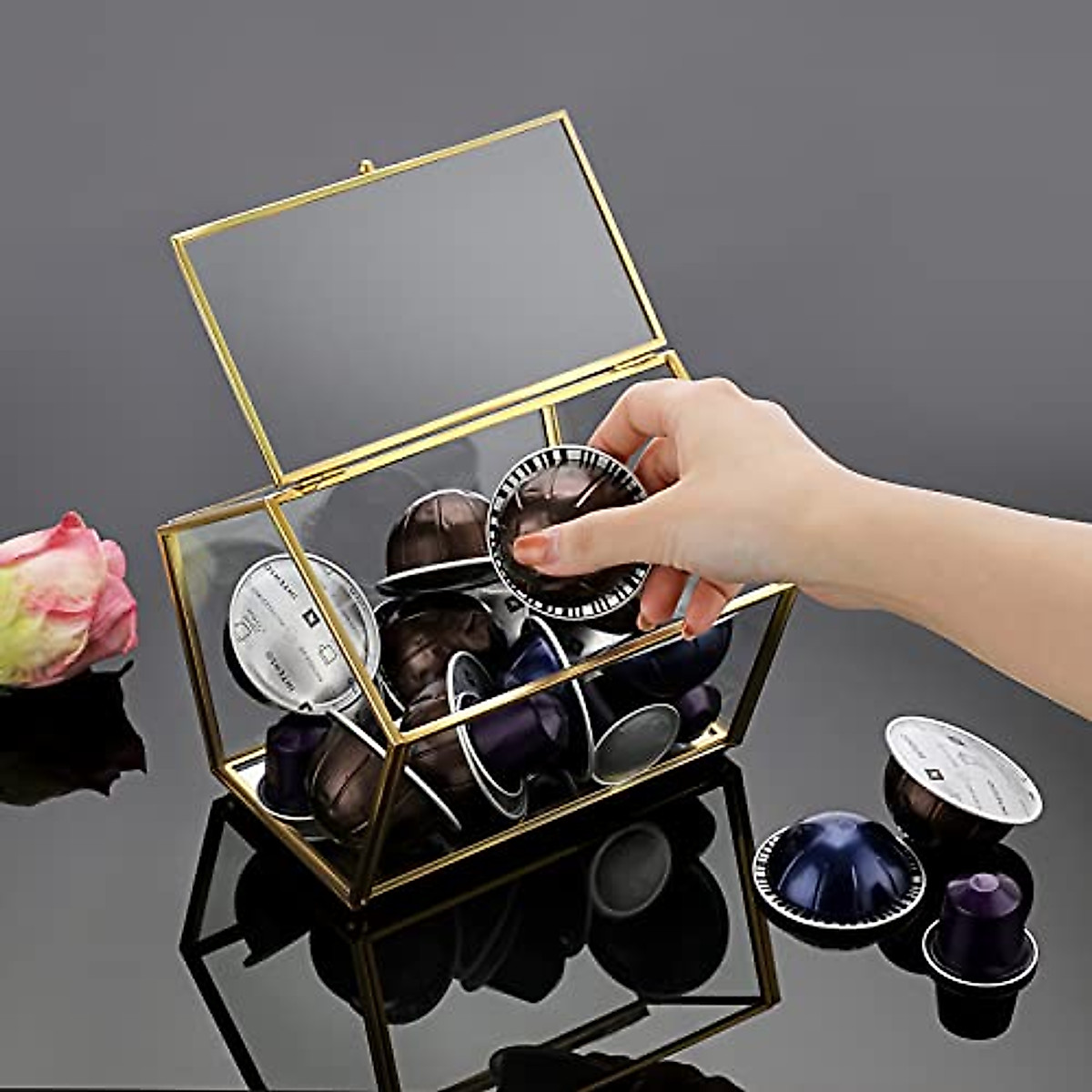 ELLDOO Gold Glass Pentaprism Coffee Pods Holder with Lid for Nespresso Vertuoline Capsule, Tea Bags Sugar Packets Sweeteners Candy Snack Storage for Counter, Coffee Bar, Kitchen, Breakroom
