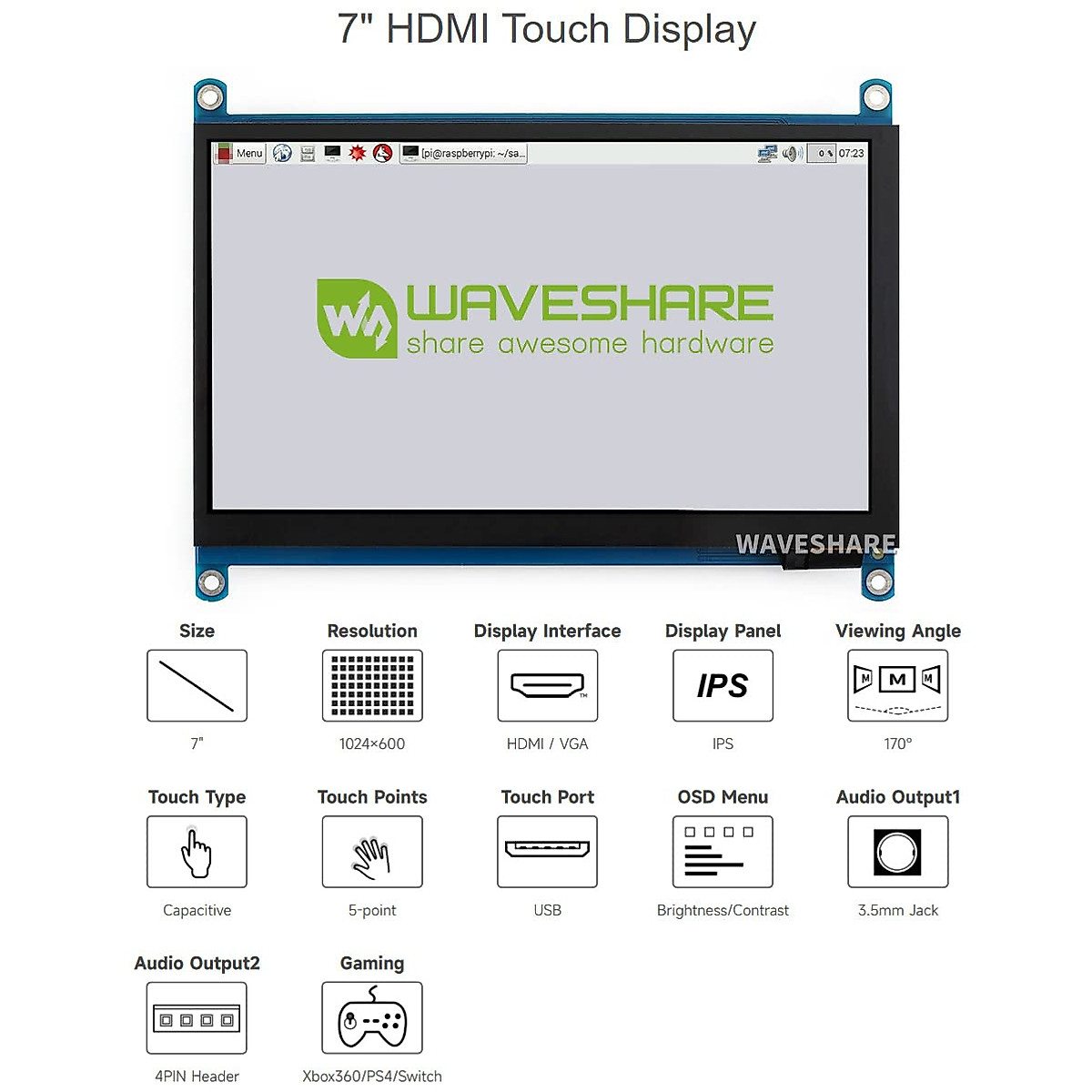 [Latest Version] Waveshare 7inch Capacitive Touch Screen LCD Monitor for RPi 400 4 3 Model B Compatible with All Versions of Raspberry Pi Windows with HDMI/VGA Port
