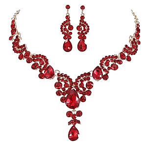 Unicra Bride Wedding Jewelry Sets Crystal Bridal Necklace Earrings Set Rhinestone Choker Necklace Prom Costume Jewelry for Women and Brides (Red)
