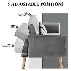 DKLGG Grey Futon Sofa Bed, Velvet Convertible Sofa Couch Sleeper with Wood Legs & 2 Pillows, Upholstered Loveseat for Small Spaces Living Room Bedroom Furniture, 3 Adjustable Positions, Easy Assembly