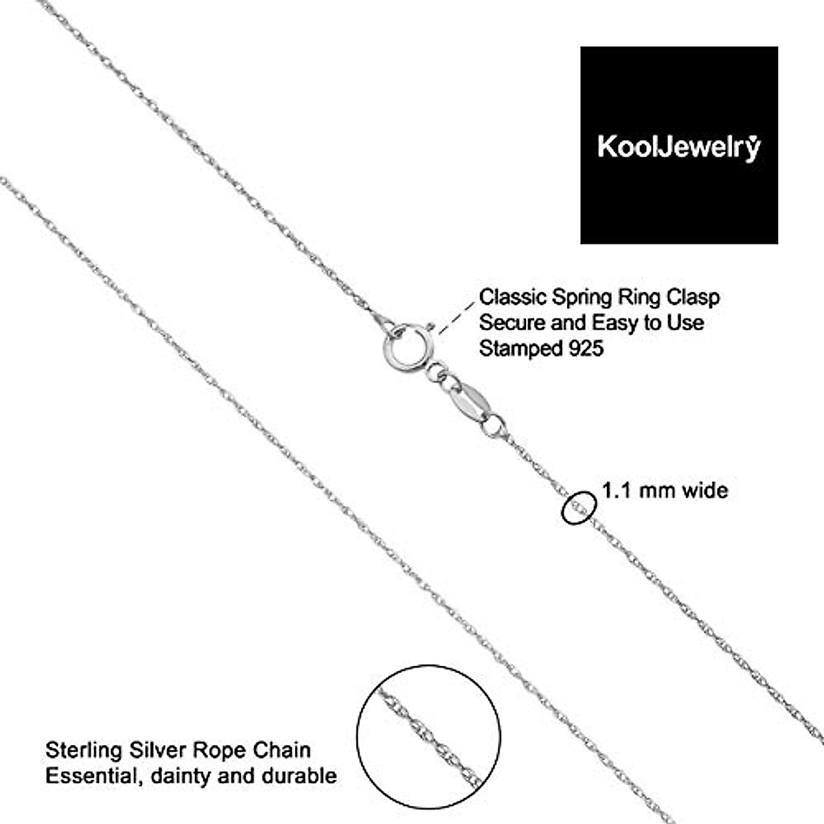 Kooljewelry Sterling Silver Rope Chain Pendant Necklace For Women (1.1 mm, 18 inch)
