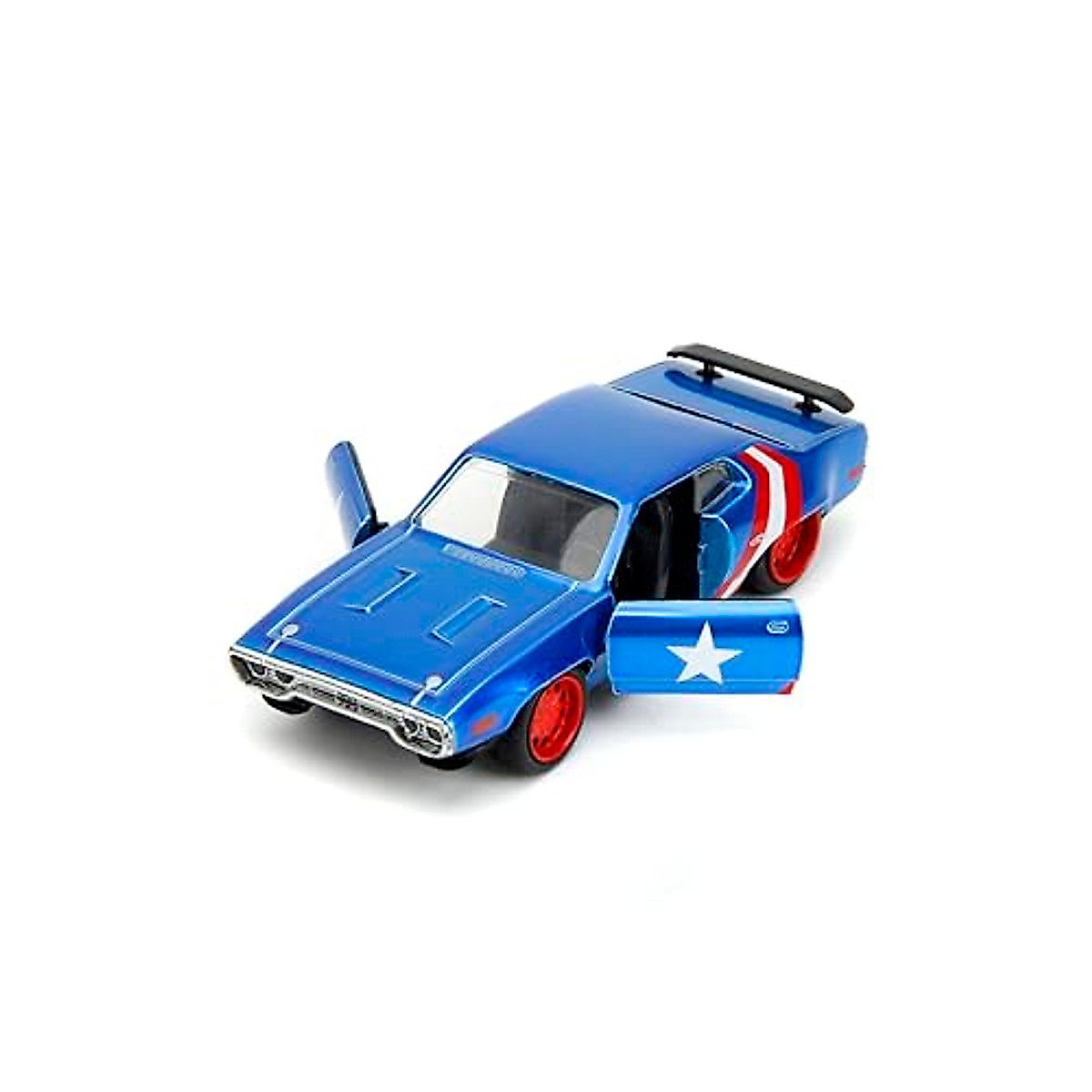 Jada 1972 Plymouth GTX Candy Blue with Red and White Stripes and Captain America Diecast Figure The Avengers Hollywood Rides Series 1/32 Diecast Model Car