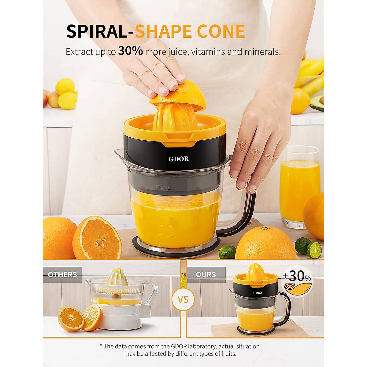 GDOR 41 Oz Citrus Juicer with Spiral-Shape Cone, Powerful Orange Juicer, Electric Juicer for Lemon, Lime & Others Citrus Fruits, Grapefruit Juice Extractor with Easy Pour Spout, BPA-Free, Easy Clean