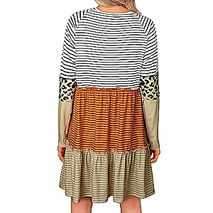 Women Casual Long Sleeve Tunic Dress Cute Button V Neck Swing Babydoll Flowy Tiered Mini Ruffles Dresses Loose Leopard Striped Color Block