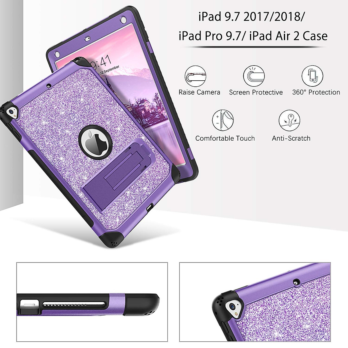 DUEDUE for iPad 9.7 Case 2017/2018, iPad Air 2 Case, iPad 6th/5th Generation Case with Kickstand Glitter Bling 3 in 1 Heavy Duty Hard PC Cover Shockproof Protective Case for iPad Pro 9.7, Purple