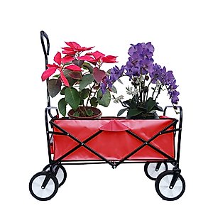 SYING88 Folding Beach Wagon, Red, Collapsible Utility Cart for Outdoor Activities, Canvas Fabric, 150lb Capacity, Easy Fold and Store